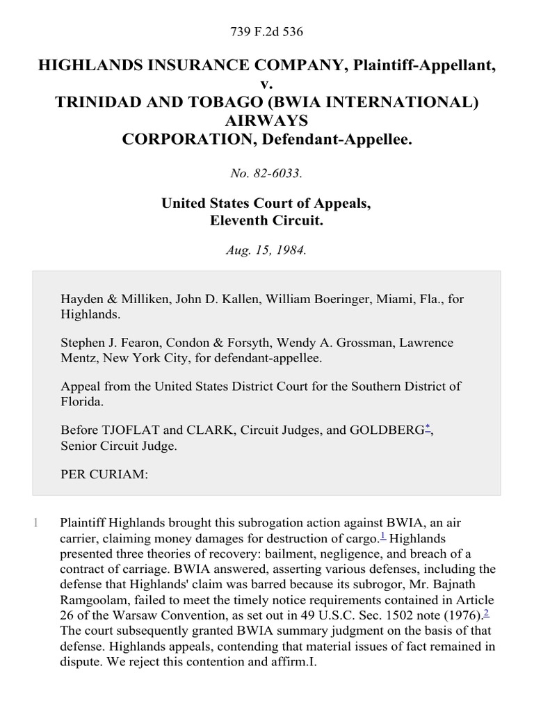 Highlands Insurance Company v. Trinidad and Tobago (Bwia International ...