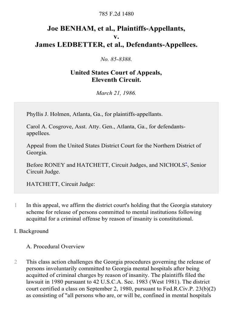 Joe Benham v. James Ledbetter, 785 F.2d 1480, 11th Cir. (1986) | PDF ...