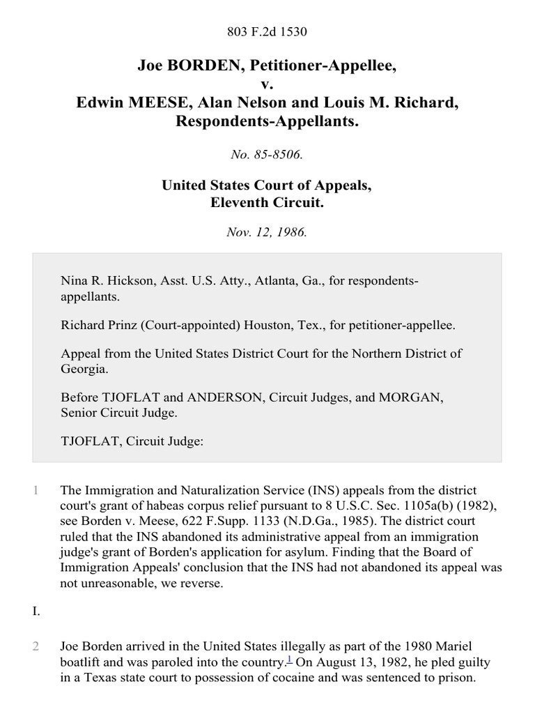Joe Borden v. Edwin Meese, Alan Nelson and Louis M. Richard, 803 F.2d 1530, 11th Cir. (1986 ...
