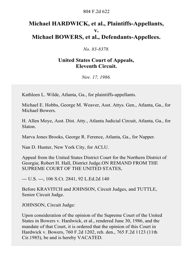 Michael Hardwick v. Michael Bowers, 804 F.2d 622, 11th Cir. (1986) | PDF