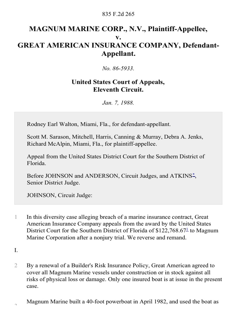 Magnum Marine Corp., N v. V. Great American Insurance Company, 835 F.2d ...