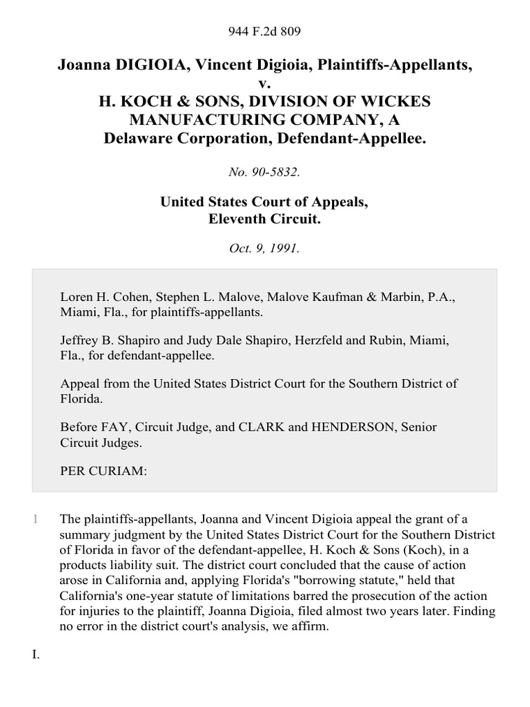 Joanna Digioia, Vincent Digioia v. H. Koch & Sons, Division of Wickes ...