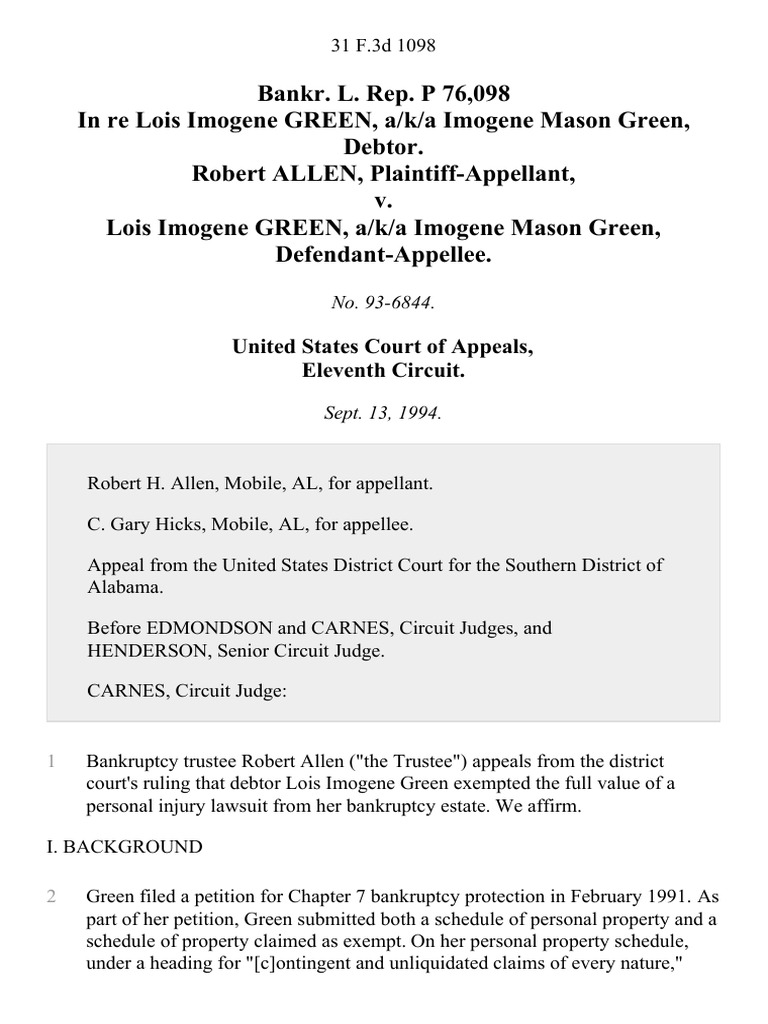 Bankr. L. Rep. P 76,098 in Re Lois Imogene Green, A/K/A Imogene Mason Green, Debtor. Robert ...