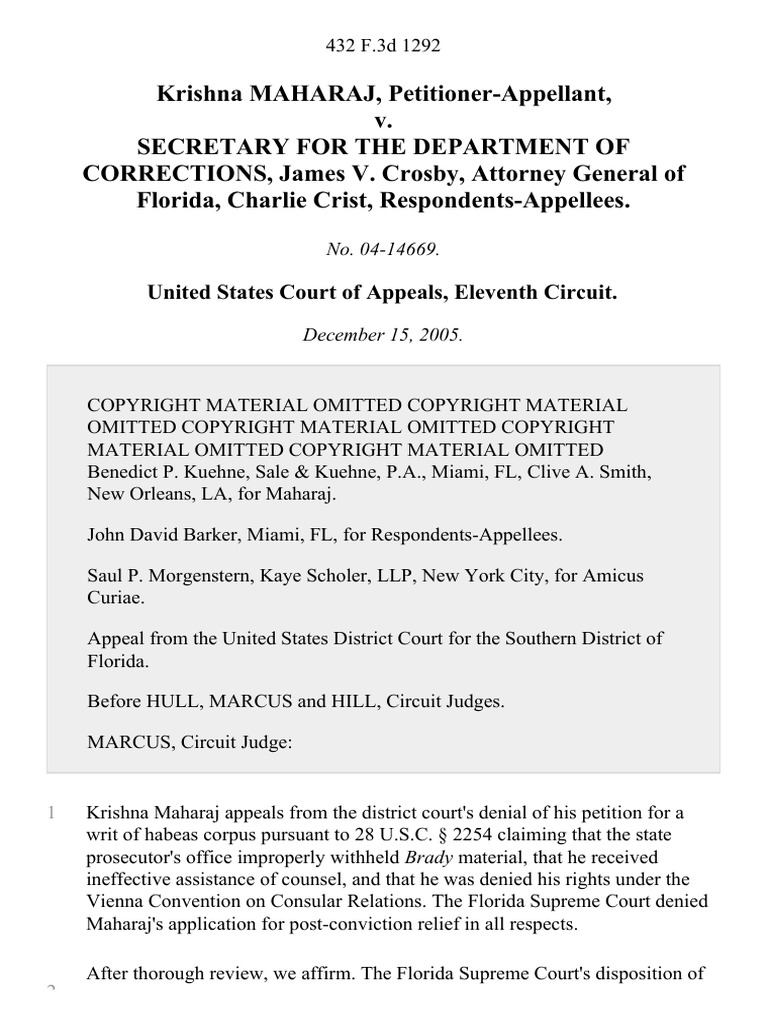 Krishna Maharaj v. Sec. For The Dept. of Corr., 432 F.3d 1292, 11th Cir ...