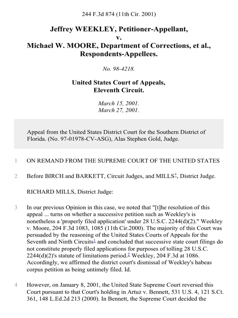 Jeffrey Weekley v. Michael W. Moore, Department of Corrections, 244 F ...