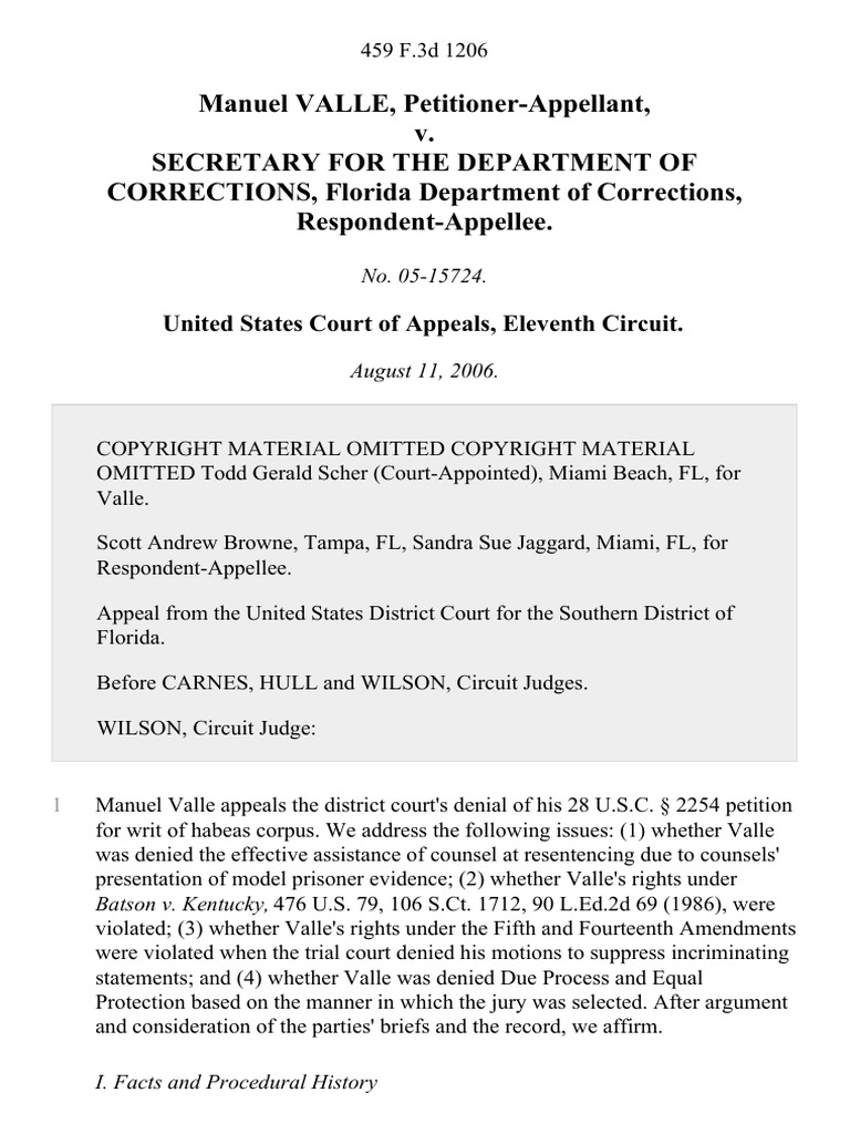 Manuel Valle v. Secretary For The DOC, 478 F.3d 1326, 11th Cir. (2006 ...