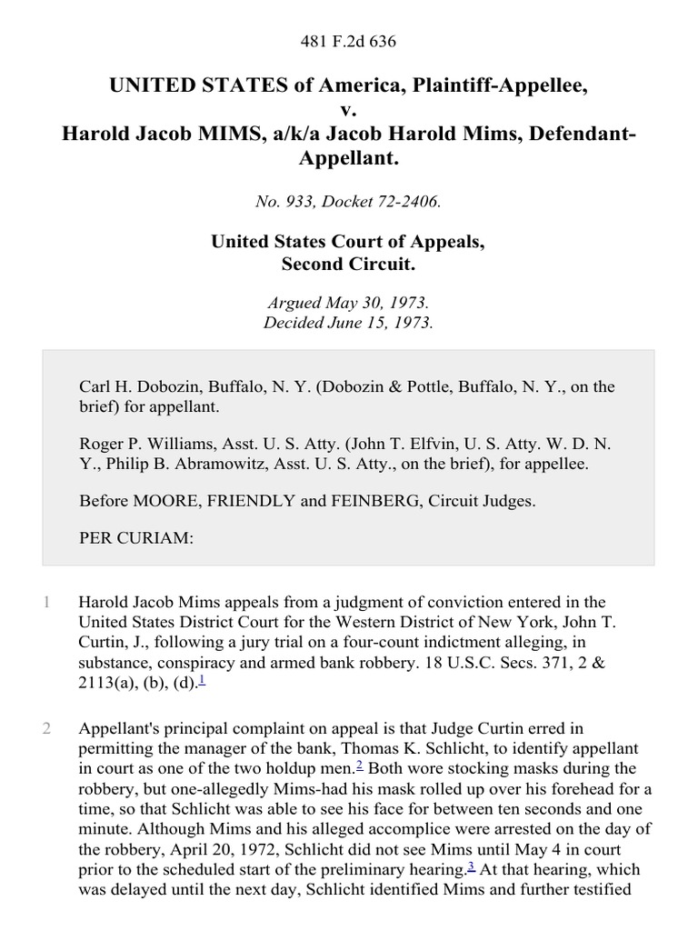 United States v. Harold Jacob Mims, A/K/A Jacob Harold Mims, 481 F.2d ...