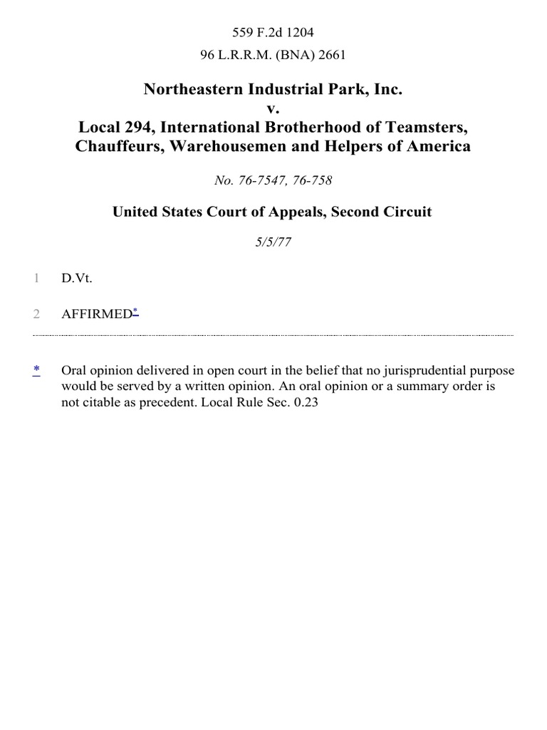 Northeastern Industrial Park, Inc. v. Local 294, International ...