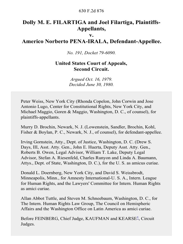 Dolly M. E. Filartiga and Joel Filartiga v. Americo Norberto Pena-Irala ...