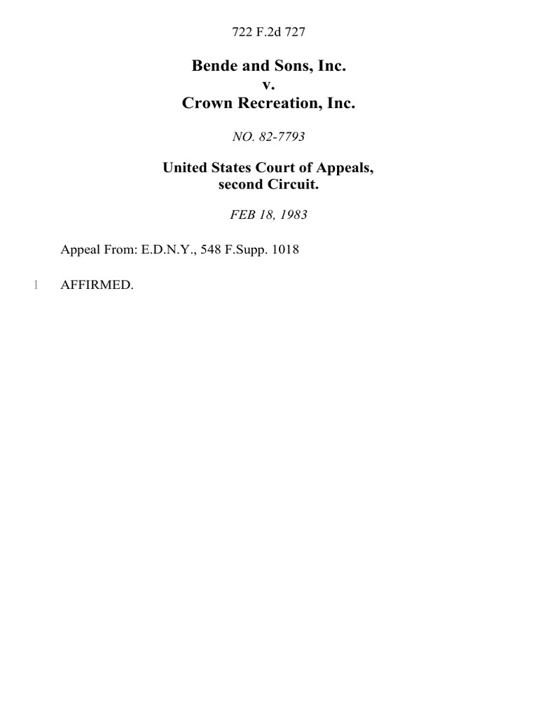Bende and Sons, Inc. v. Crown Recreation, Inc, 722 F.2d 727, 2d Cir ...