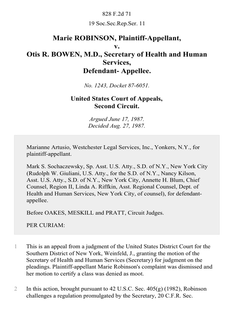 Marie Robinson v. Otis R. Bowen, M.D., Secretary of Health and Human ...