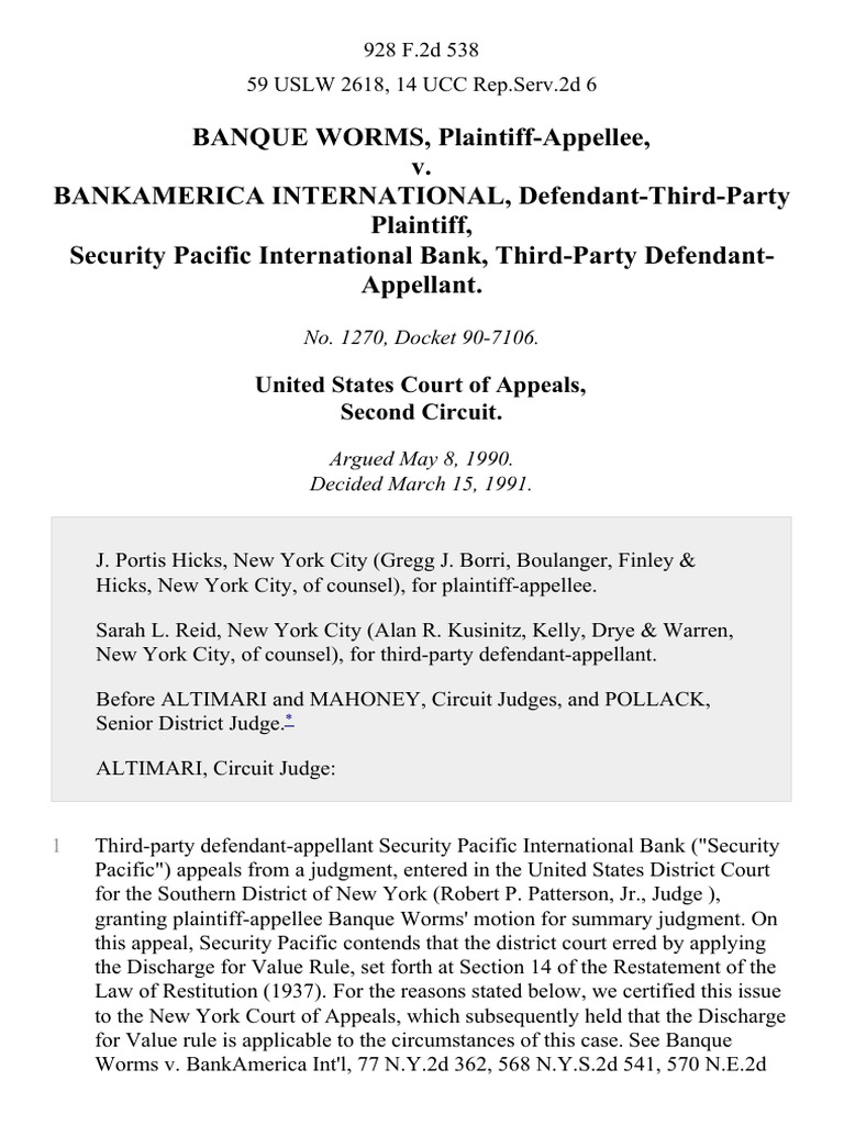 Banque Worms v. Bankamerica International, Defendant-Third-Party ...