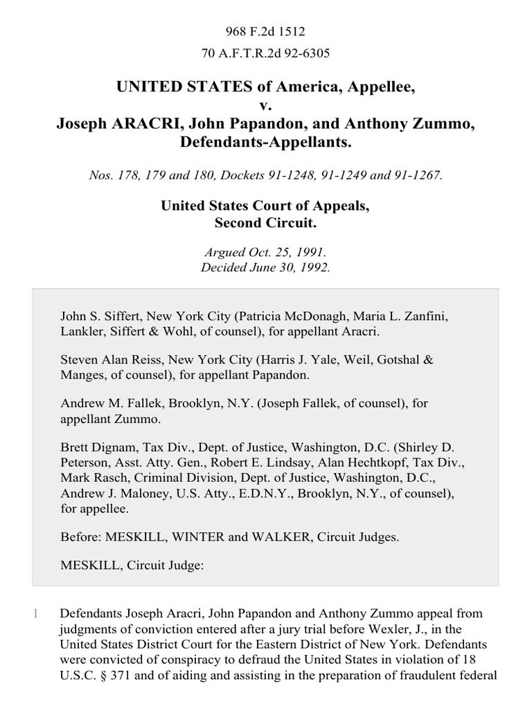 United States v. Joseph Aracri, John Papandon, and Anthony Zummo, 968 F ...