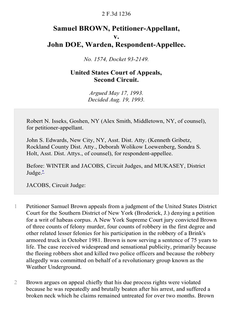 Samuel Brown v. John Doe, Warden, 2 F.3d 1236, 2d Cir. (1993) | PDF ...