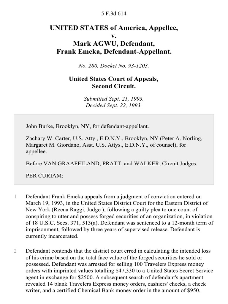 United States v. Mark Agwu, Frank Emeka, 5 F.3d 614, 2d Cir. (1993 ...