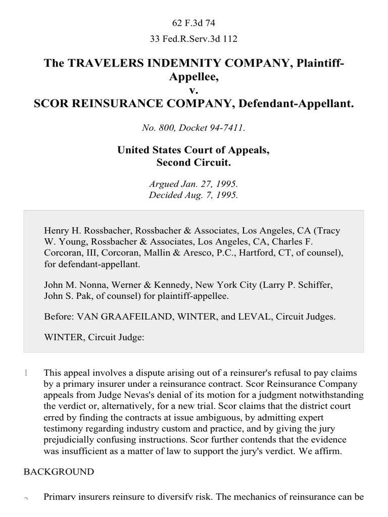 The Travelers Indemnity Company v. Scor Reinsurance Company, 62 F.3d 74 ...