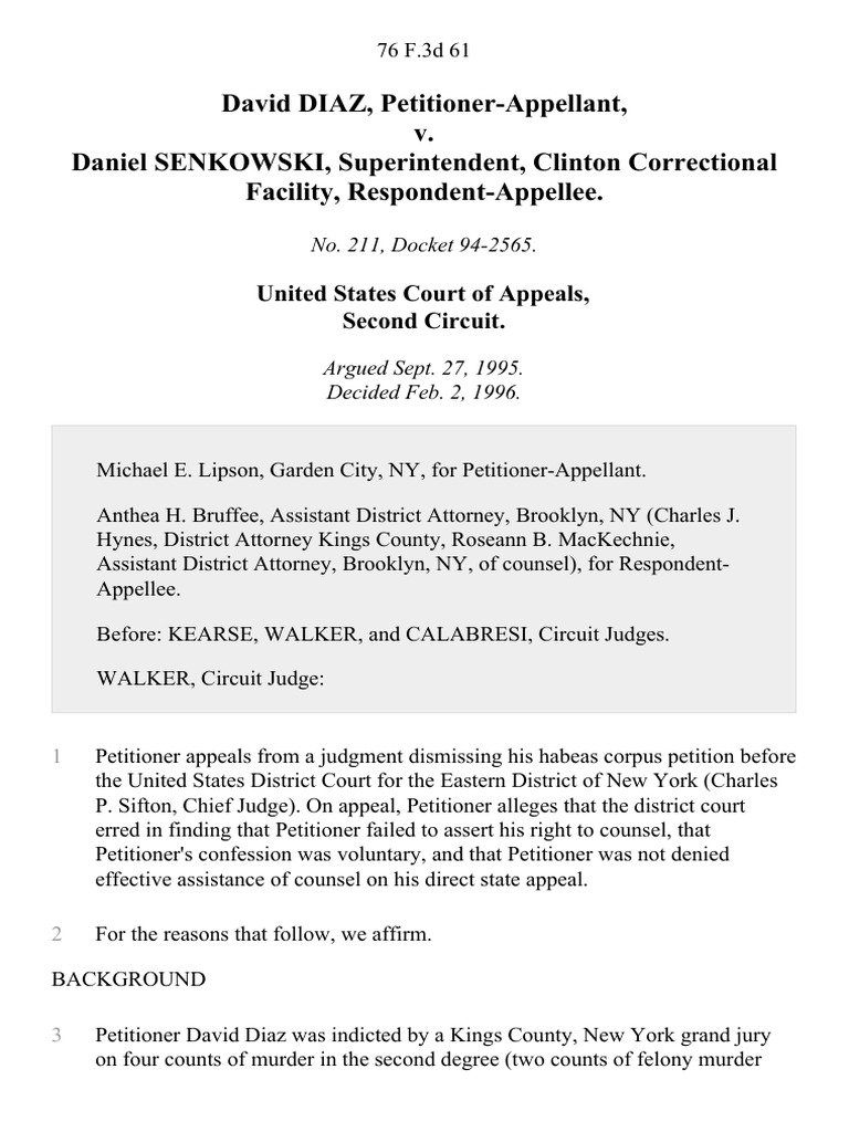 David Diaz v. Daniel Senkowski, Superintendent, Clinton Correctional ...