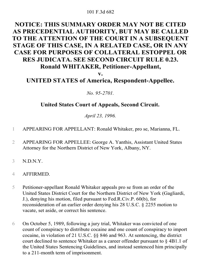 Ronald Whitaker v. United States, 101 F.3d 682, 2d Cir. (1996) | PDF ...