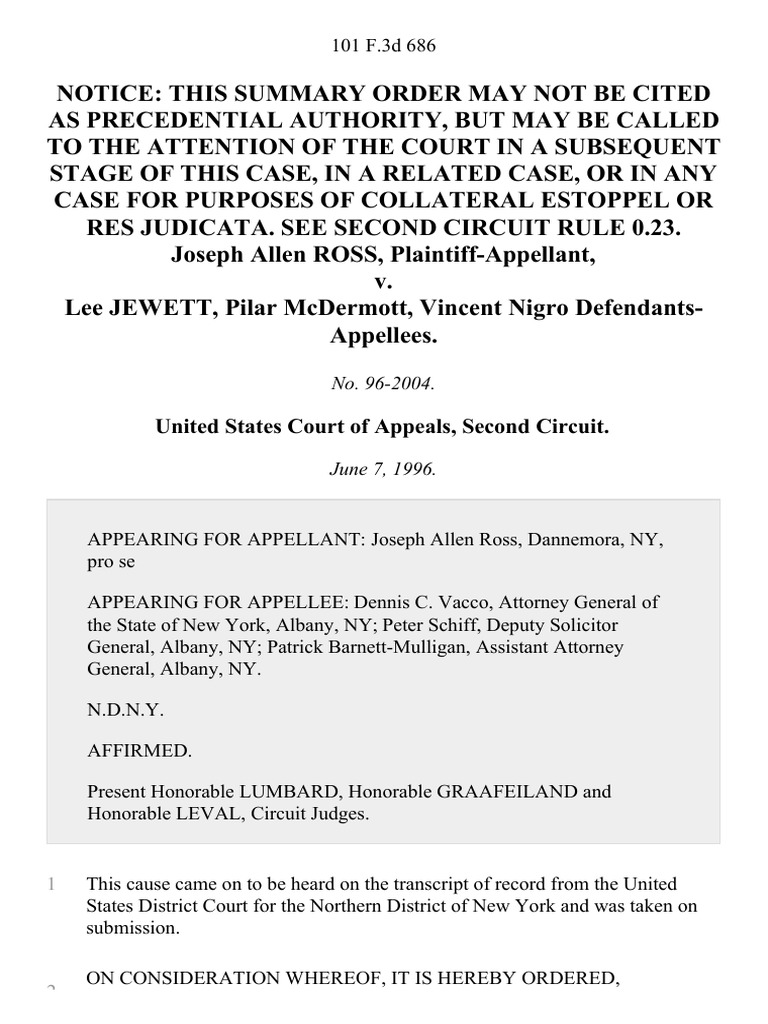 Joseph Allen Ross v. Lee Jewett, Pilar McDermott Vincent Nigro, 101 F ...