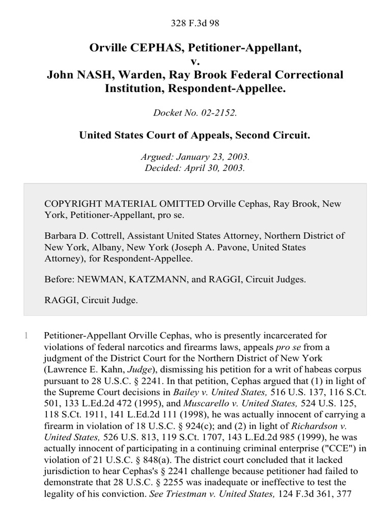 Orville Cephas v. John Nash, Warden, Ray Brook Federal Correctional Institution, 328 F.3d 98, 2d ...