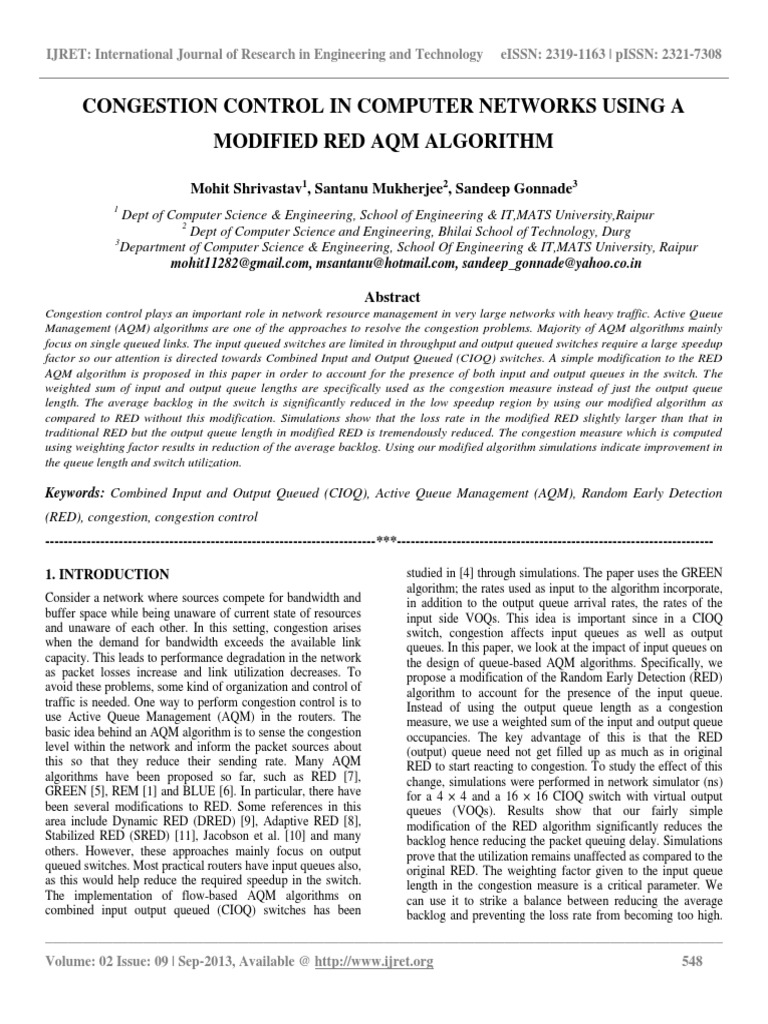 Congestion Control In Computer Networks Using A Modified Red Aqm Algorithm Pdf Network