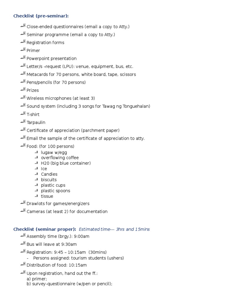 Checklist (Pre-Seminar) :: Estimated Time - 3hrs and 15mins | PDF