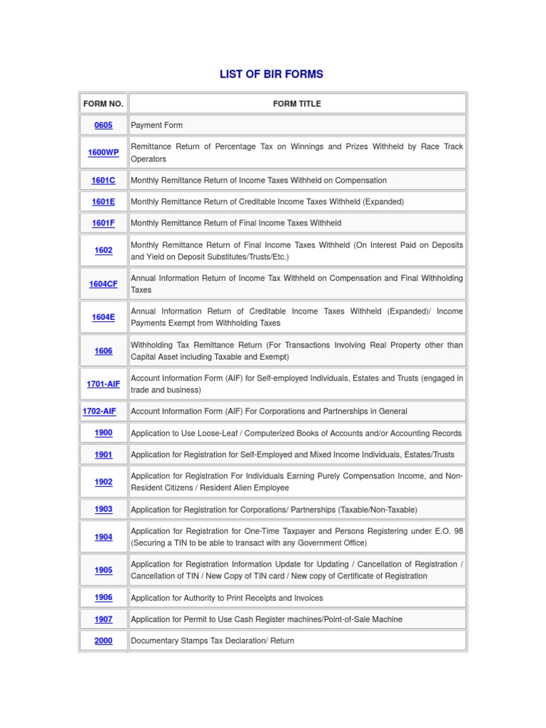 List of Bir Forms | PDF | Income Tax | Withholding Tax