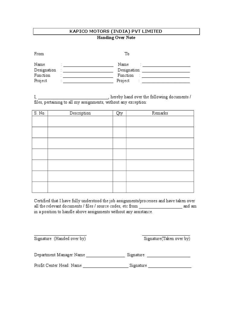 Handing Over Form | PDF