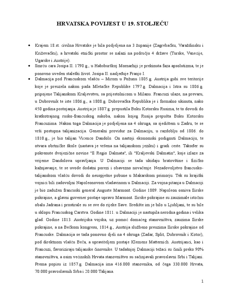 Hrvatska Povijest U 19.St. (Skripta) | PDF