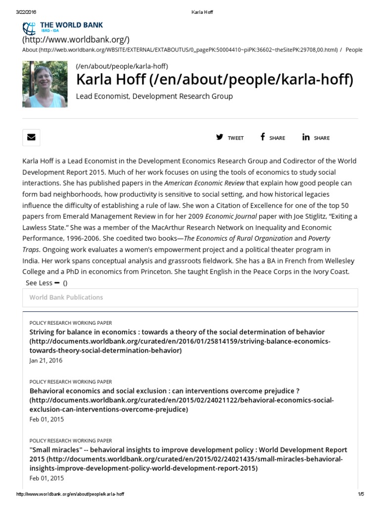 Karla Hoff Bio | PDF | Development Economics | Economics