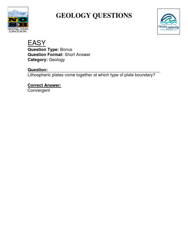Geology Questions: Question Type: Bonus Question Format: Short Answer ...