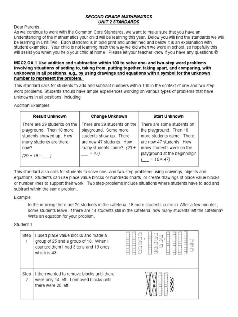 Second Grade Mathematics Unit 2 Standards | PDF | Subtraction | Cognition