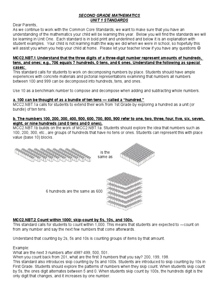 Second Grade Mathematics Unit 1 Standards | PDF | Decimal | Common Core ...