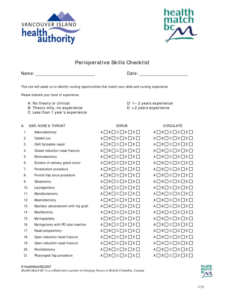 Perioperative Skills Checklist | Endoscopy | Infants