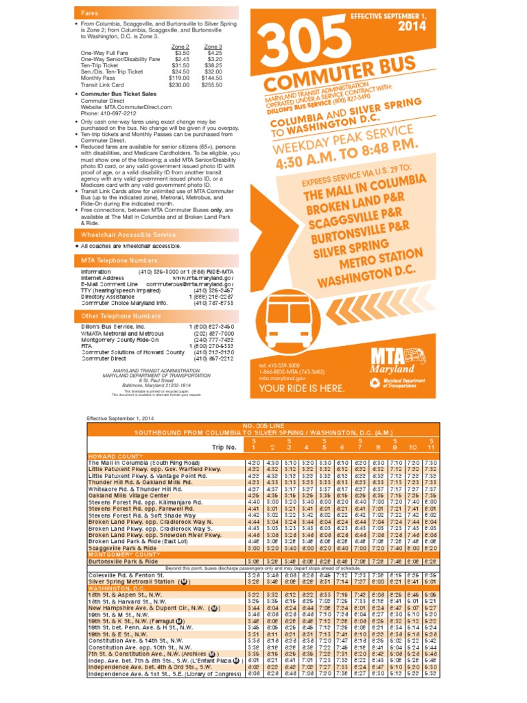 MTA Commuter Bus No. 305 Line Schedule from Columbia to Silver Spring ...