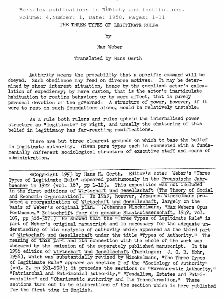 Max Weber: The Three Types of Legitimate Rule | PDF | Charisma ...