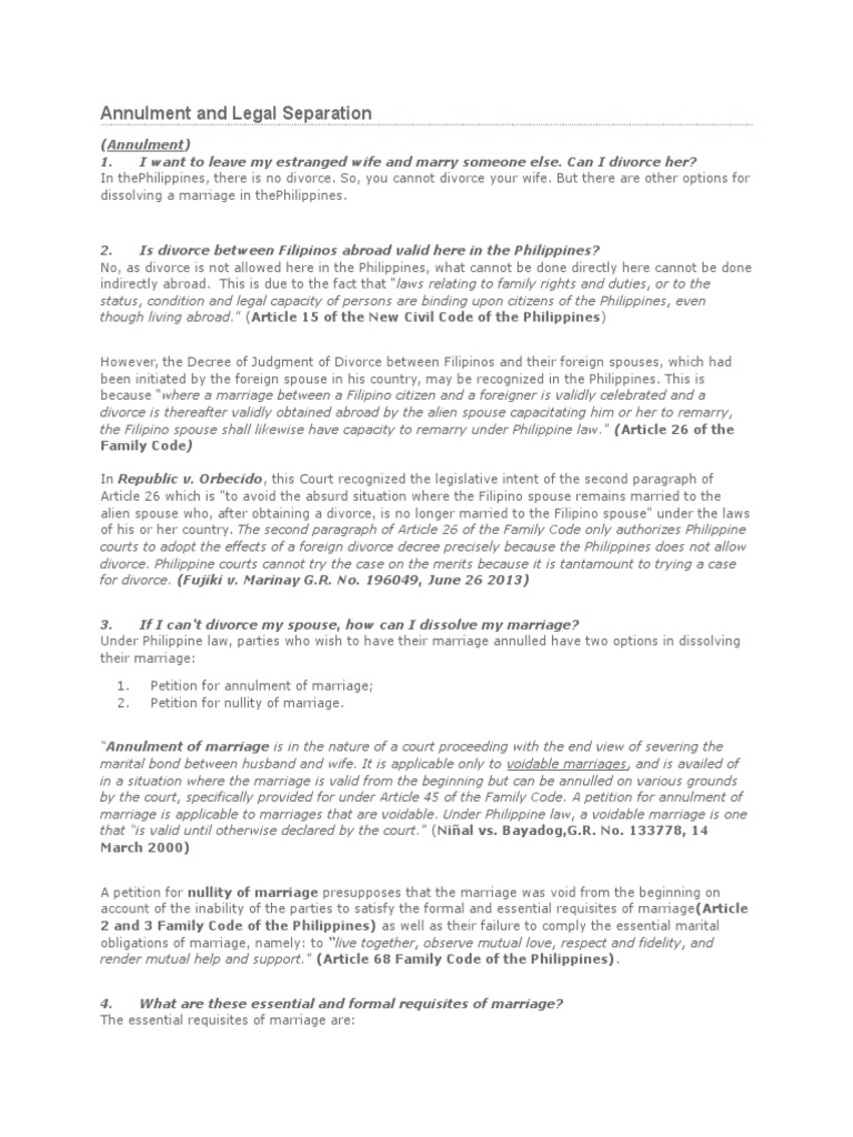 Annulment And Legal Separation Pdf Annulment Marriage