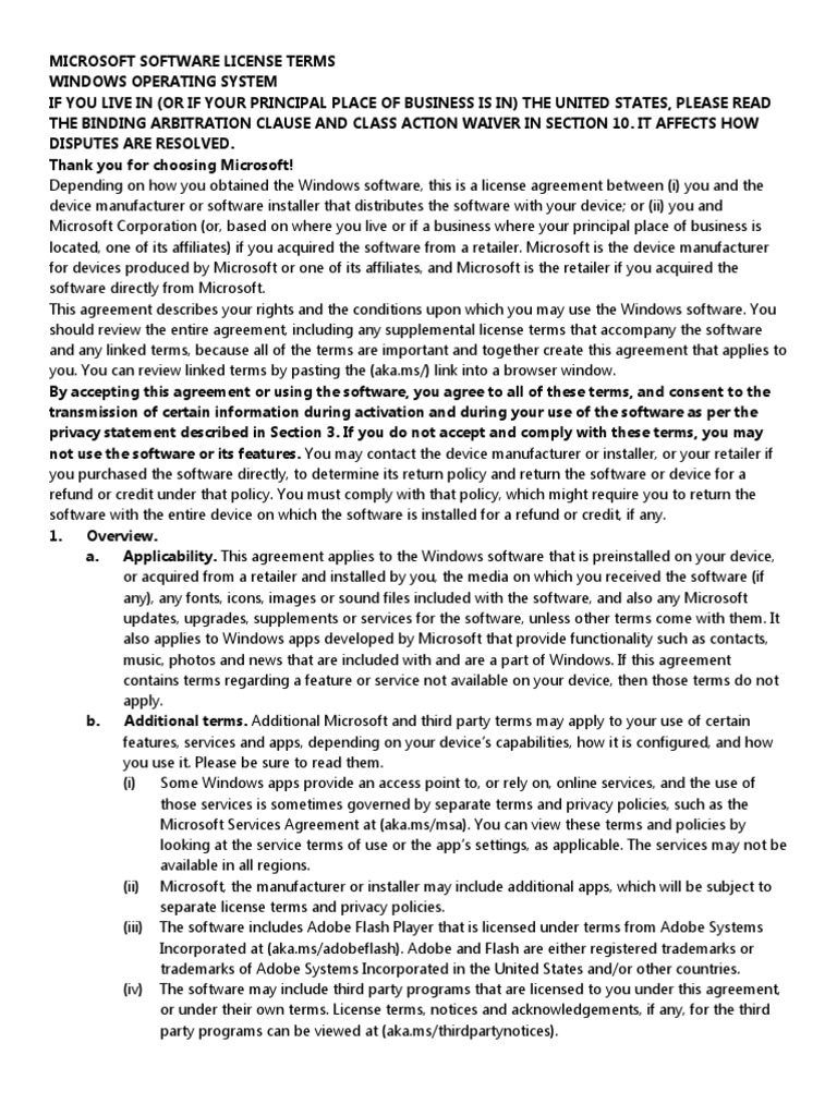 Microsoft Software License Terms | PDF | Arbitration | H.264/Mpeg 4 Avc