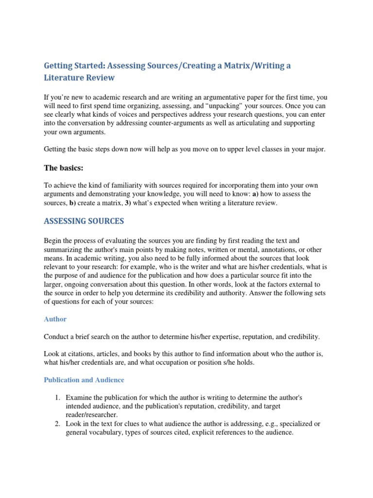 Getting Started: Assessing Sources/Creating A Matrix/Writing A ...