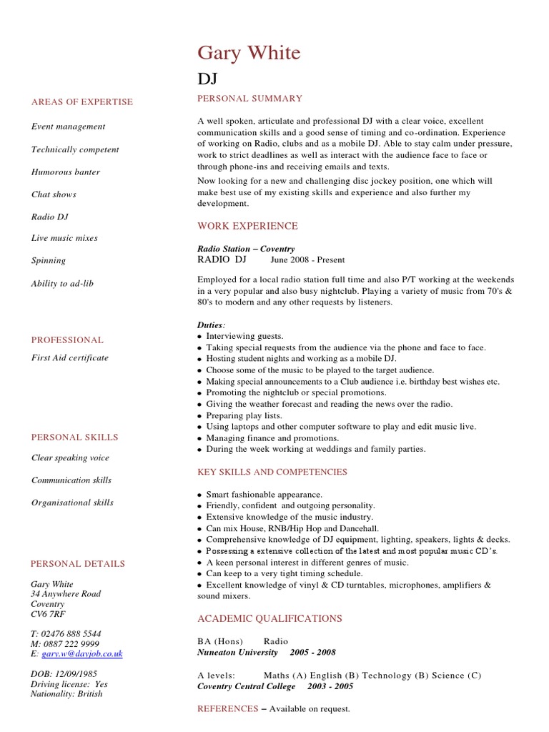 DJ CV Template Example PDF | PDF | Disc Jockey | Radio