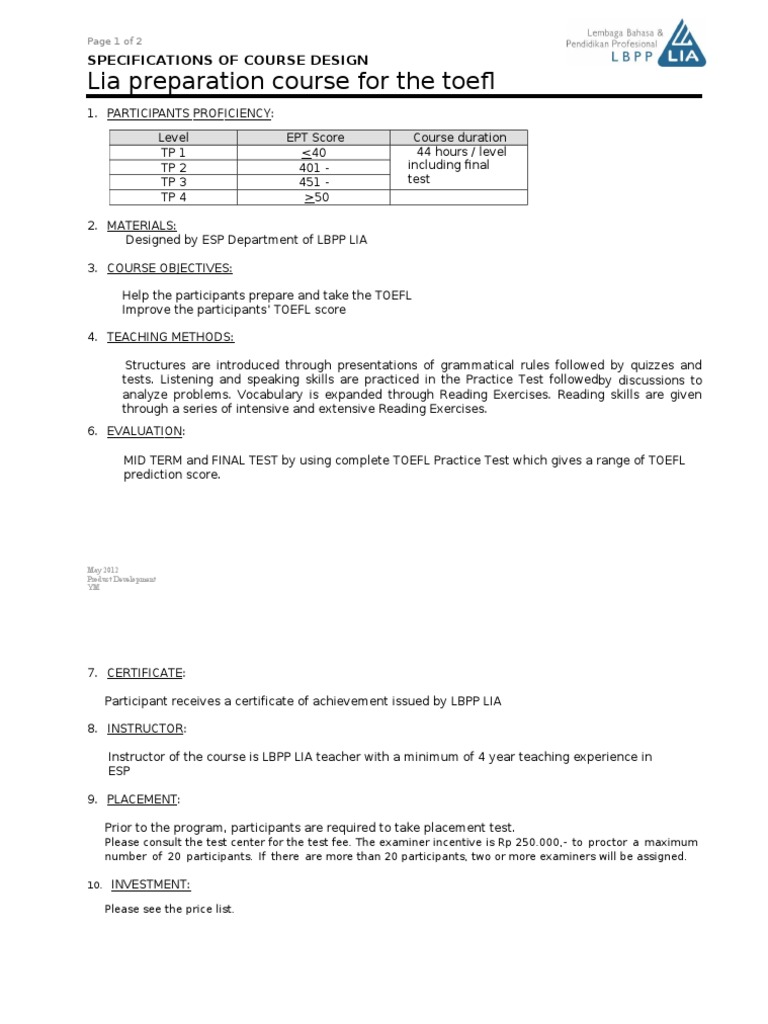 Specifications of the Lia Preparation Course for the TOEFL: Course ...