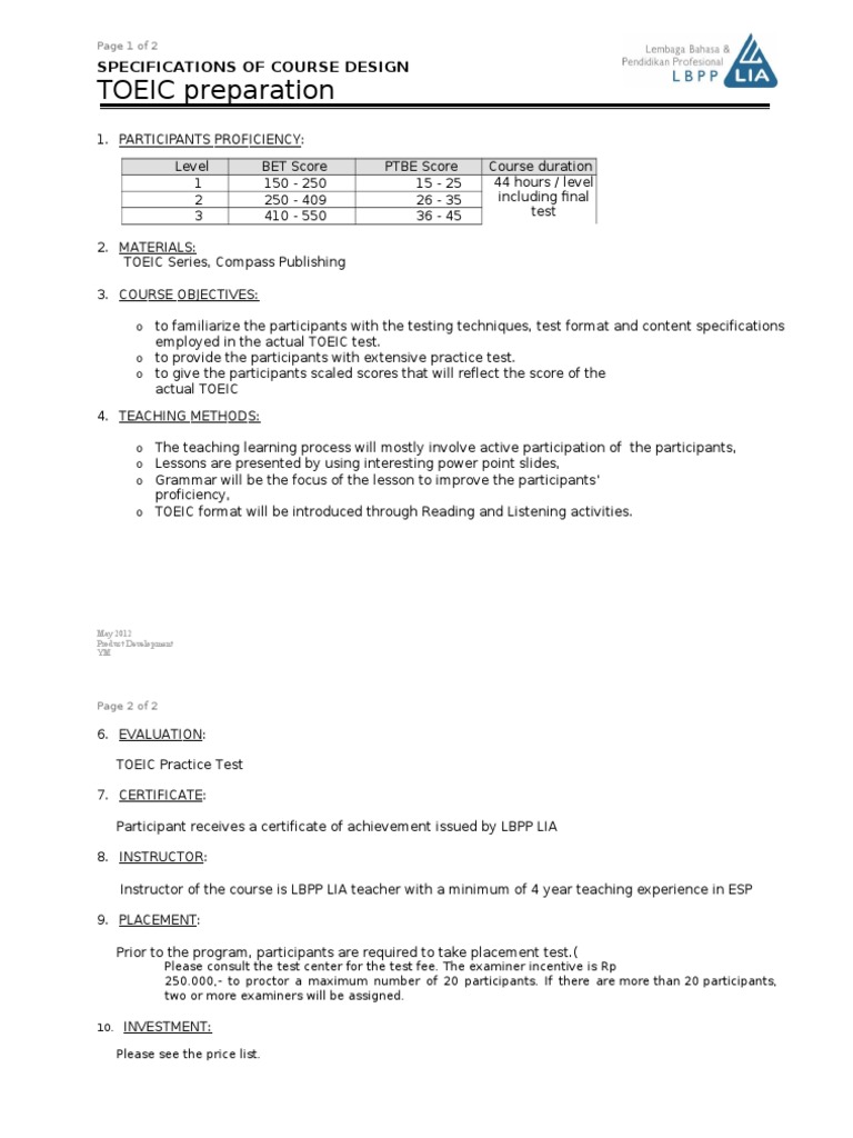 TOEIC Preparation: Specifications of Course Design | PDF