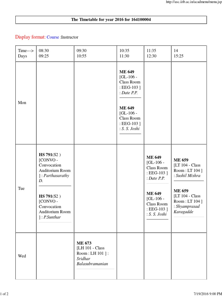 IITB Timetable 2016 164100004 | PDF