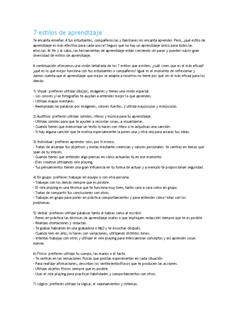 7 Estilos de Aprendizaje Efectivos | PDF | Inteligencia | Aprendiendo ...