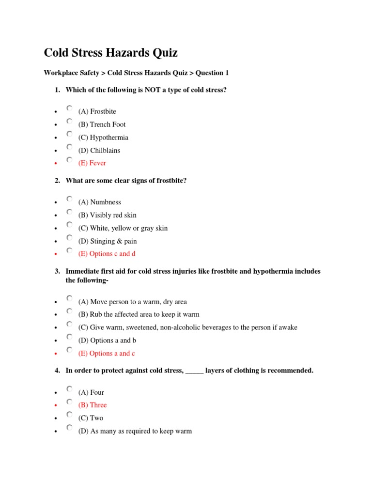 Cold Stress Safety Quiz | PDF