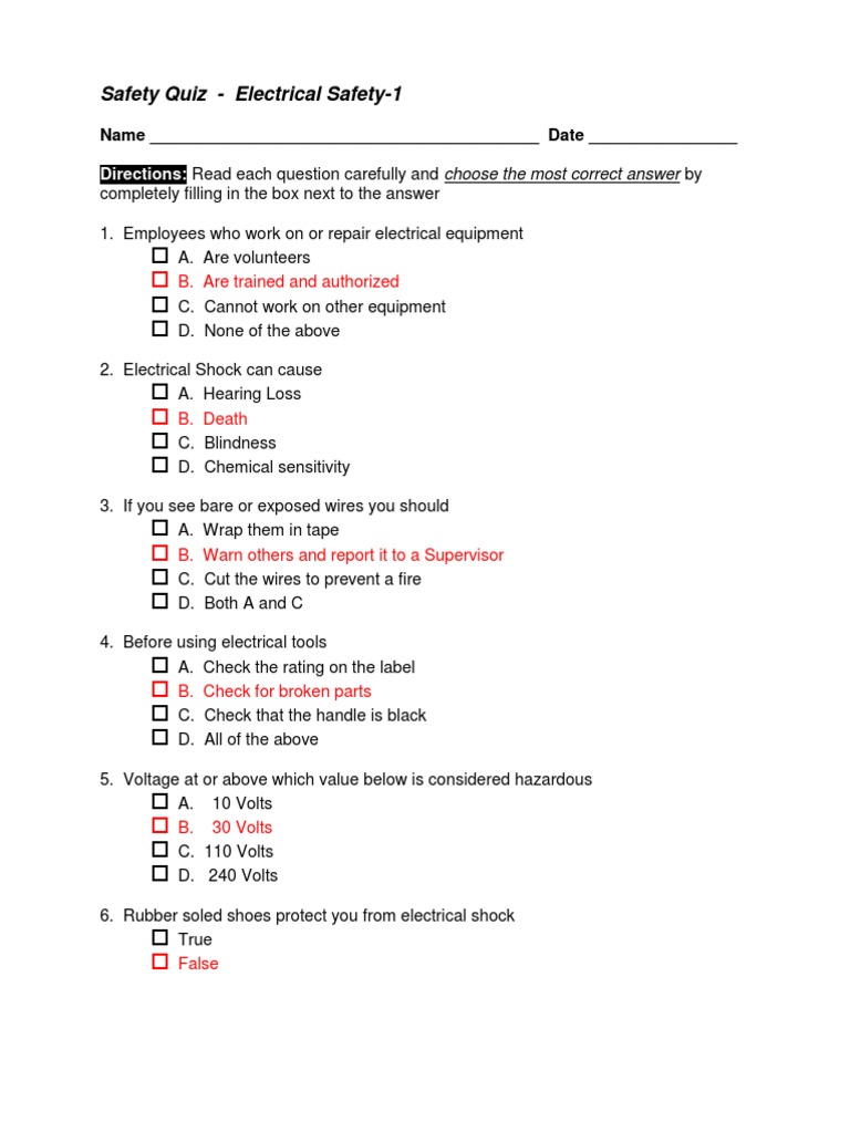 Safety Quiz - Electrical Safety-1: Directions | PDF