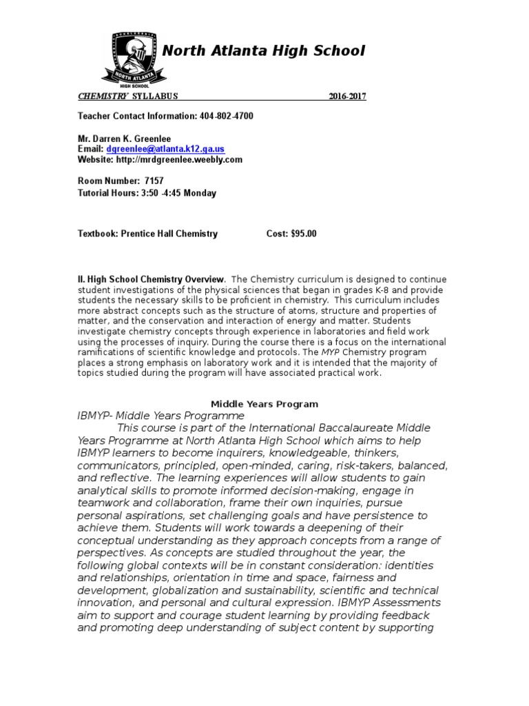 North Atlanta High School: Chemistry Syllabus | PDF | Homework | Curriculum