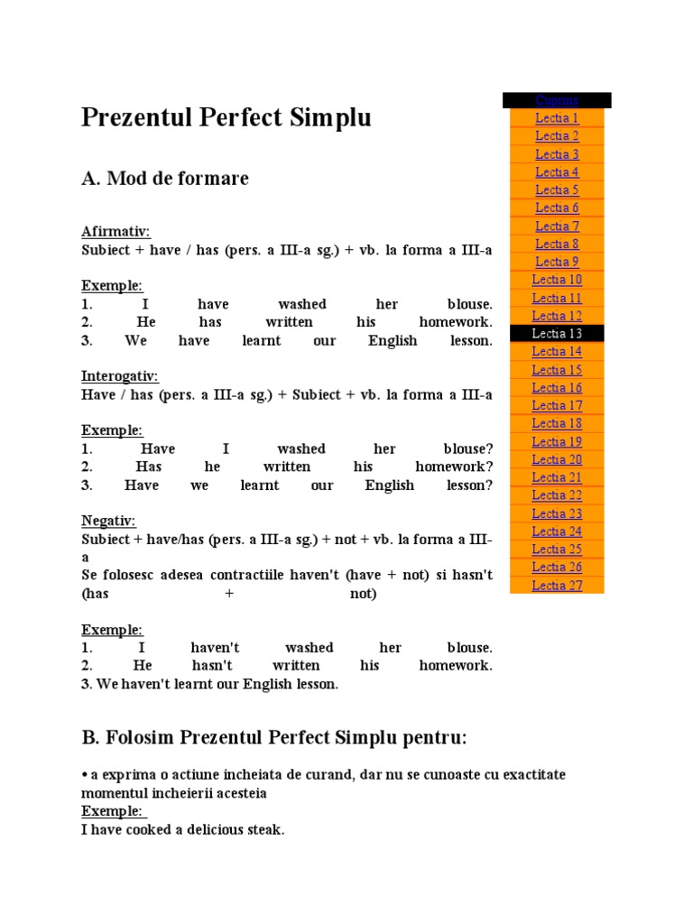 Prezentul Perfect Simplu: Exemple și Reguli | PDF | Language Arts ...