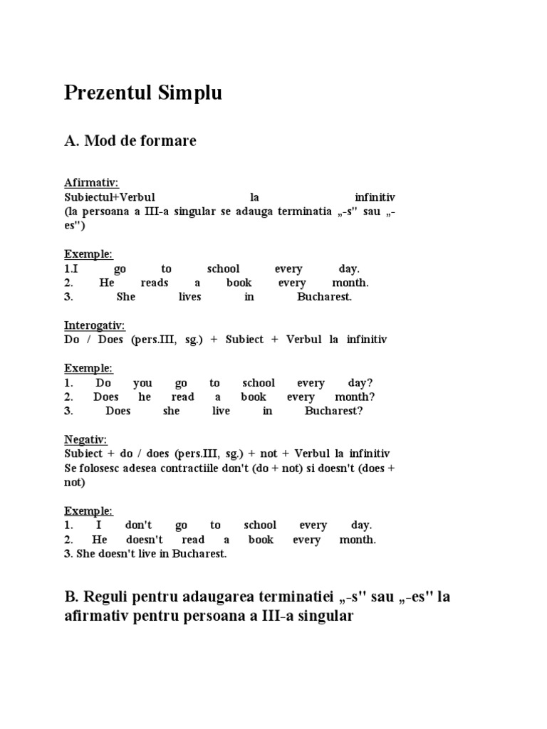 Prezentul Simplu: A. Mod de Formare | PDF