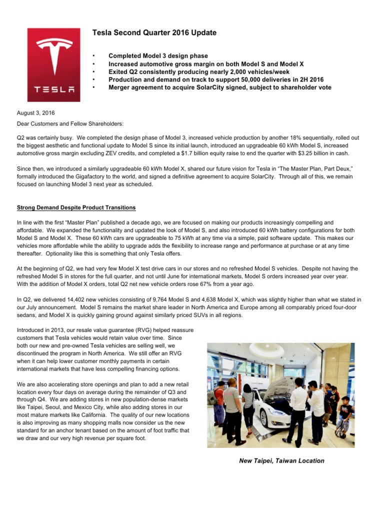 Q2 16 Update Letter - Final | PDF | Tesla Model S | Employee Stock Option
